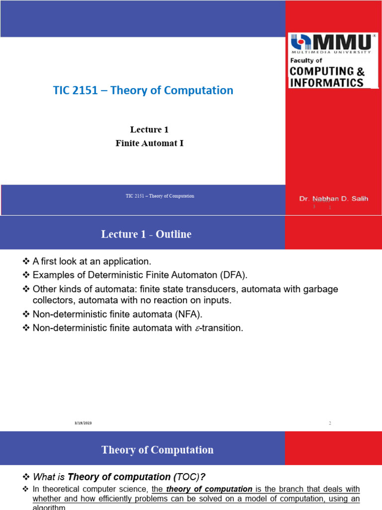 Lecture 01 - Finite Automat I | PDF | Automata Theory | Theory Of Computation
