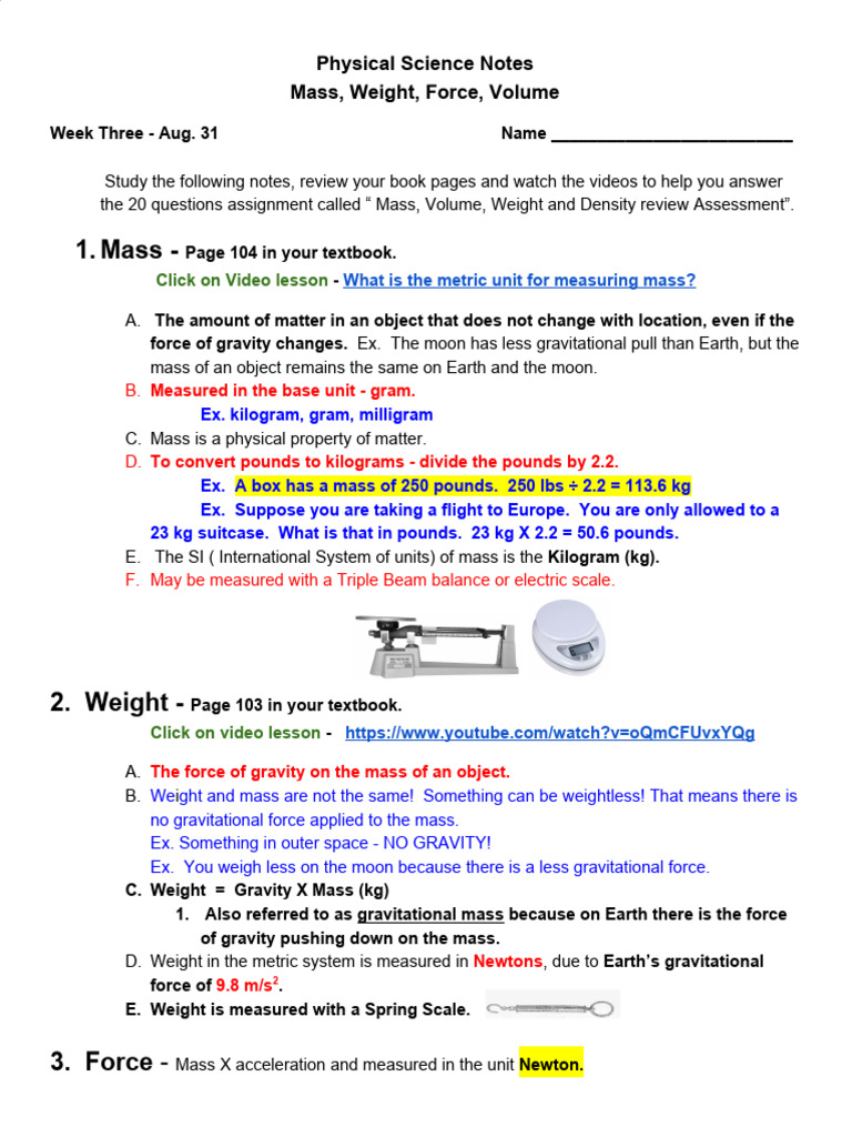 P,S.Notes - Mass, Weight, Force and Volume (1) | PDF | Weight | Volume