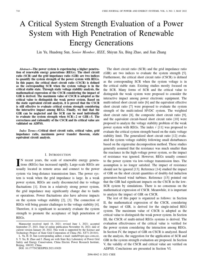 A Critical System Strength Evaluation of A Power System With High ...