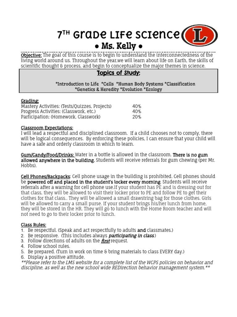 7th Grade Life Science Course Overview | PDF | Behavior Modification