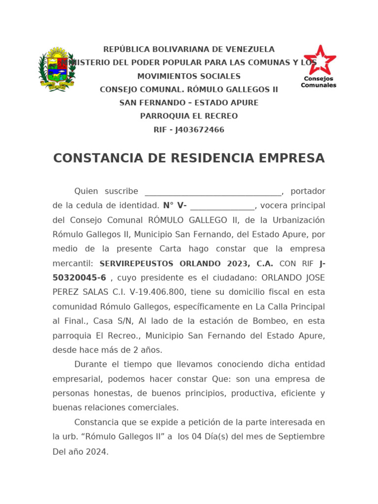 Constancia de Residencia Empresarial en Apure | PDF