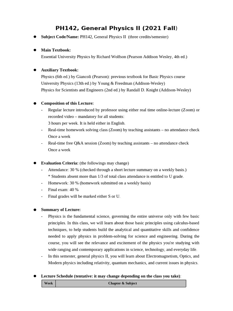 Syllabus-PH142 (2021 Fall) - General - Physics - II - Modified | PDF | Electric Field ...