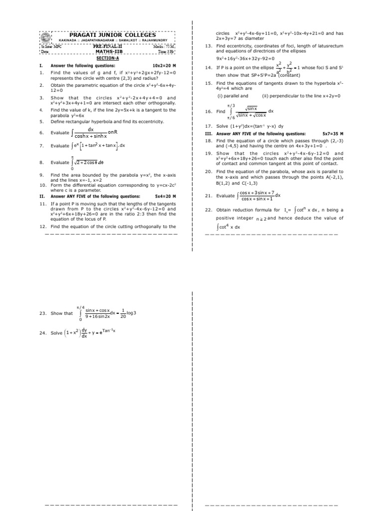Pre Final II Senior Maths Iib | PDF | Ellipse | Perpendicular