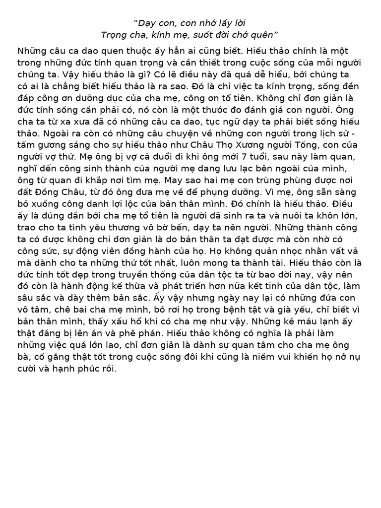 NLXH Đv 200 Chữ Lòng Hiếu Thảo | PDF