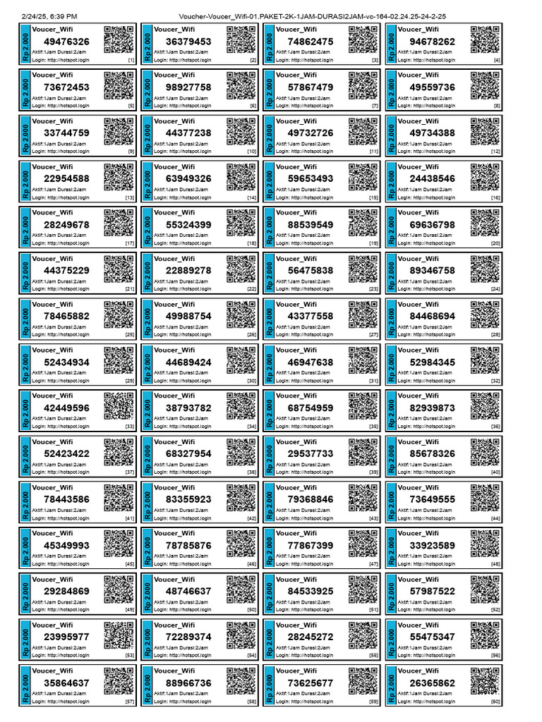 Voucher Voucer Wifi 01.paket 2k 1jam Durasi2jam 25 | PDF | Business Documents | Banking Technology