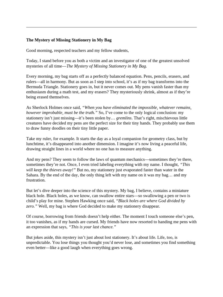 The Mystery of Missing Stationery in My Bag | PDF