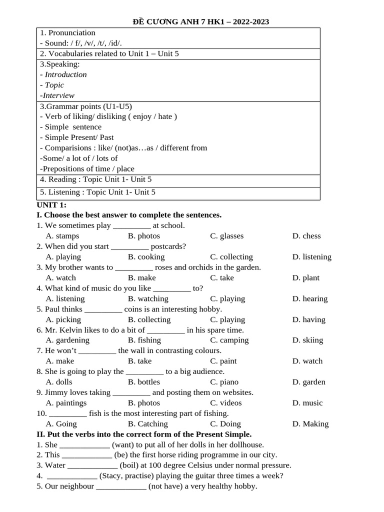 Đề Cương Anh 7 HK1 | PDF | Juice | Diet & Nutrition