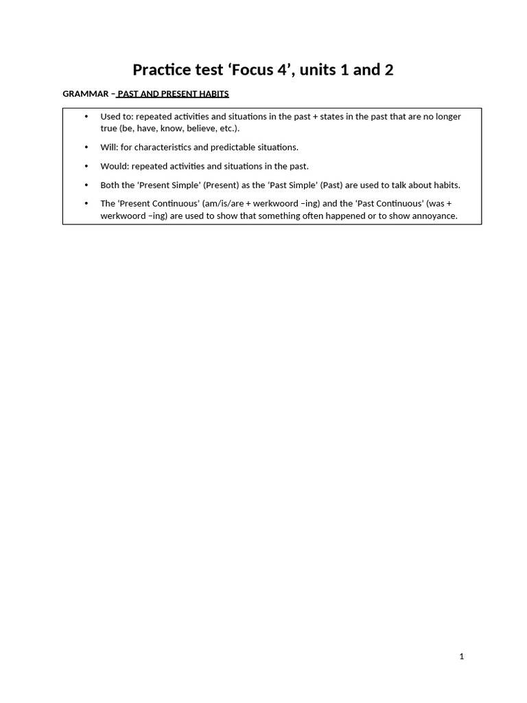 Focus 4 Practice Test Units 1 and 2 | PDF | Linguistic Morphology | Syntax