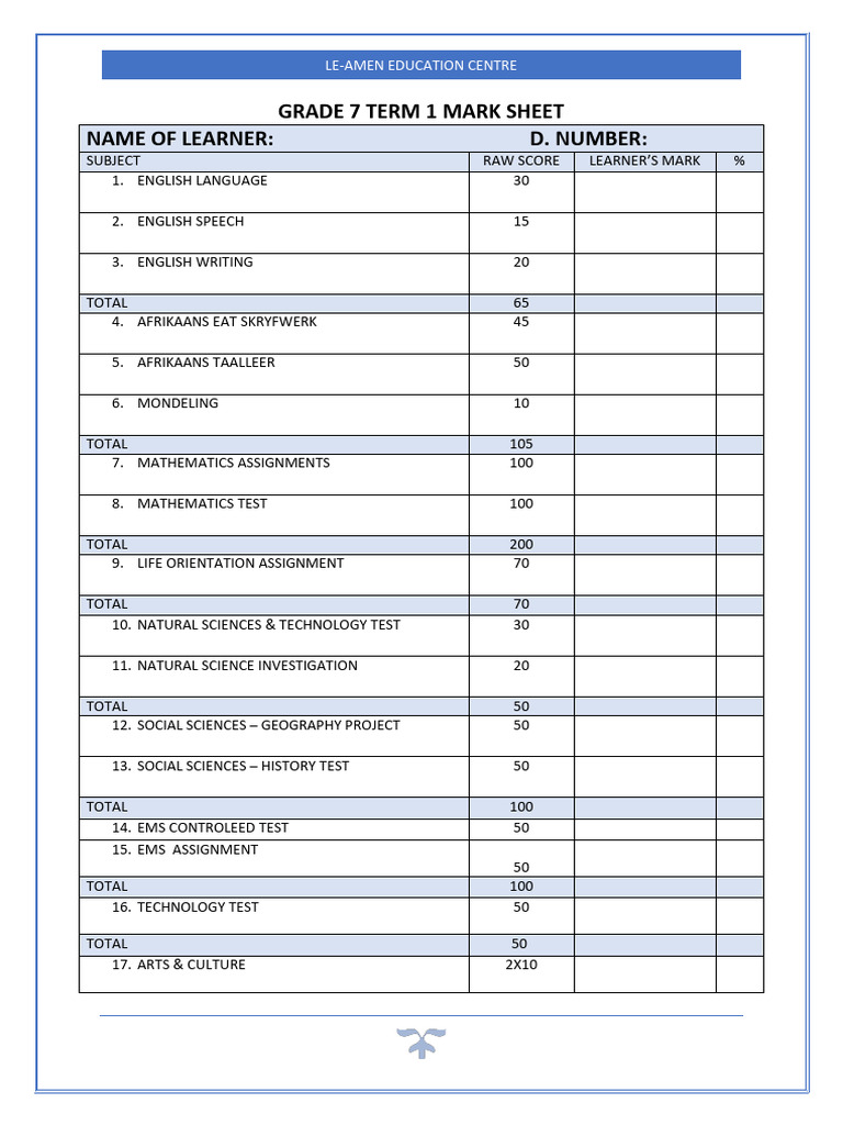 Grade 7 Mark Sheet Term 1 | PDF | Learning