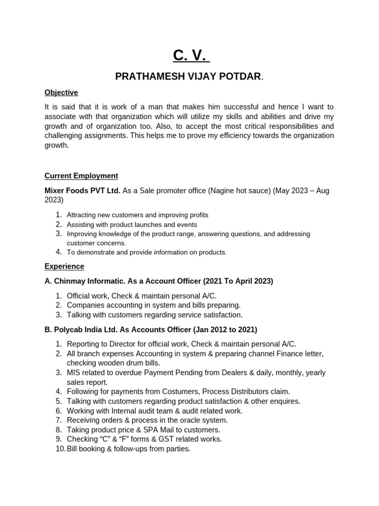 Prathmesh Potdar Resume 14-08-2024 | PDF | Business