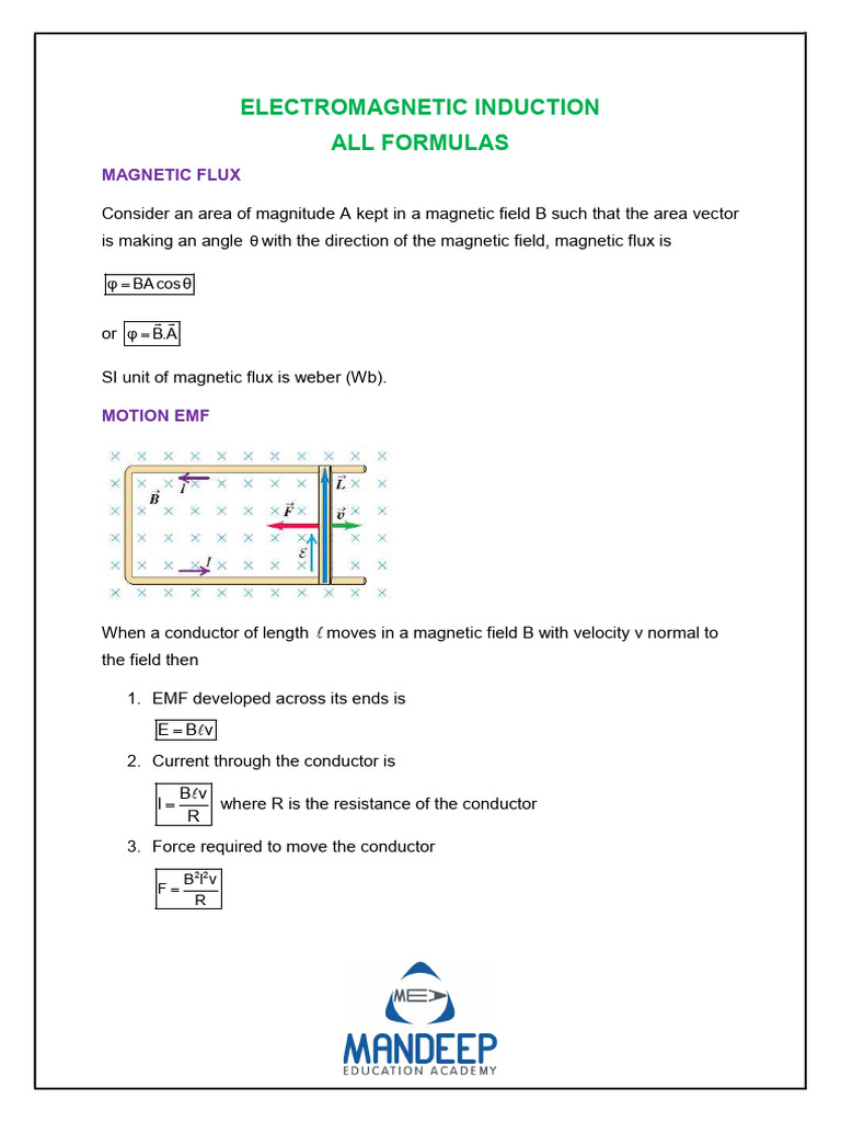 Electromagnetic Induction Formula Sheet | PDF