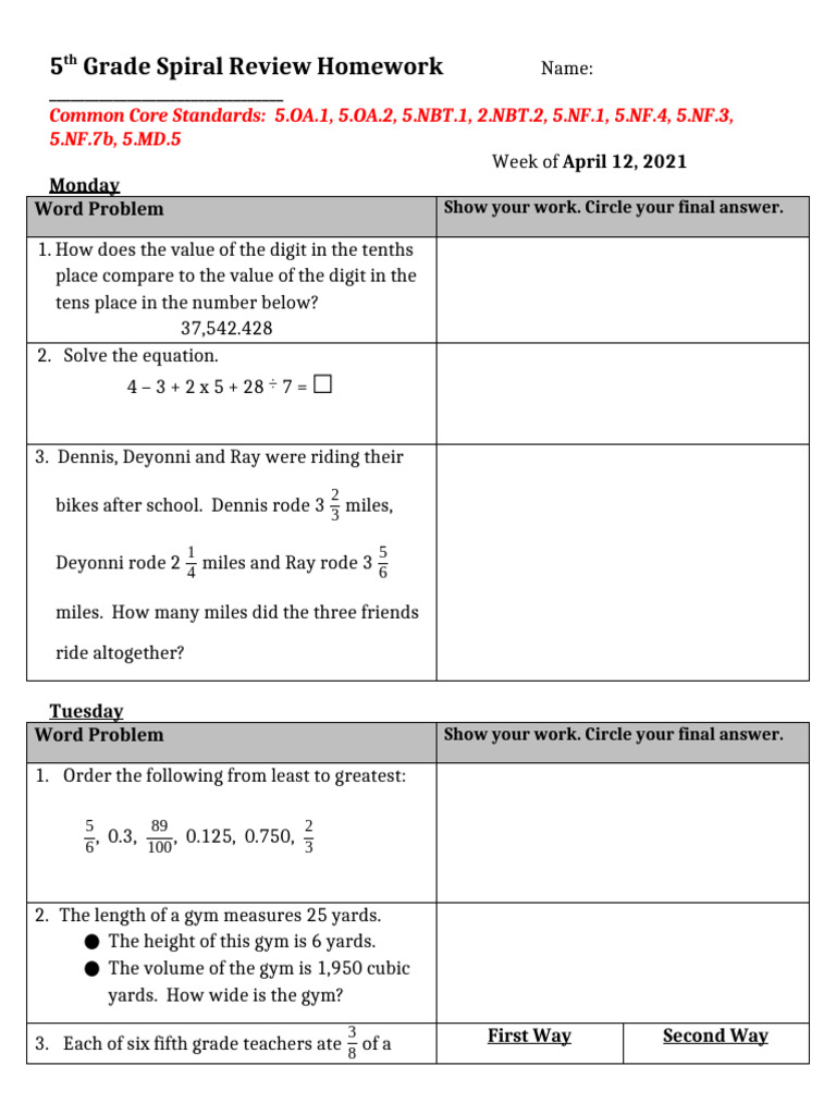 Week of April 20th - 5th Grade Spiral Review HW | PDF | Mathematics