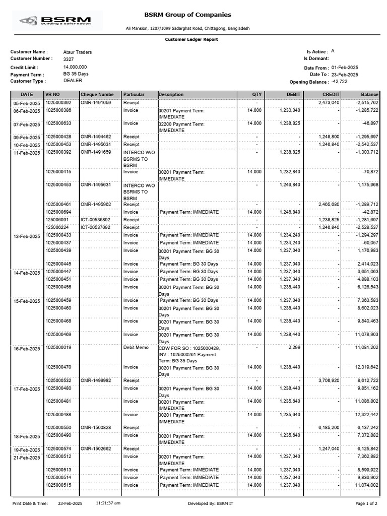 Customer Ledger Report Feb 2025 | PDF | Payments | Debits And Credits