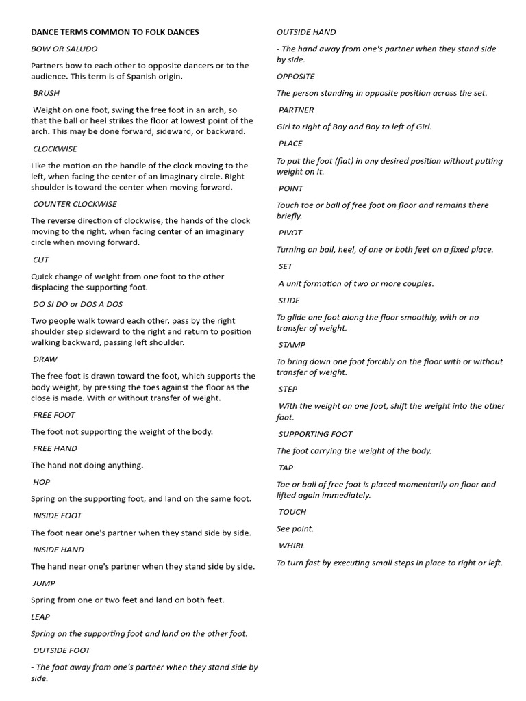 Dance Terms Common To Folk Dances | PDF | Foot | Dances