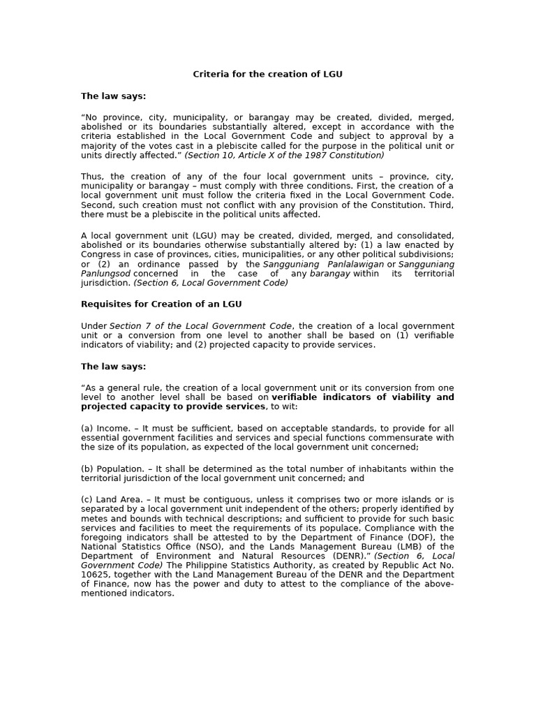 Criteria For The Creation of LGU | PDF | Legal Documents | Governance