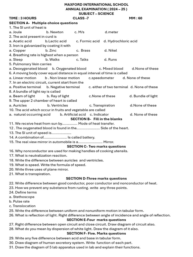 Class 7 Final Exam Science 2024 | PDF | Heart | Acid