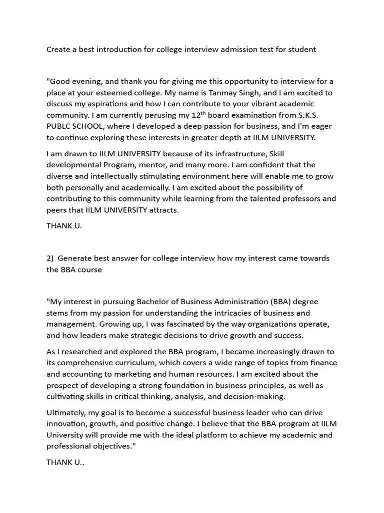 Create A Best Introduction For College Interview Admission Test For ...