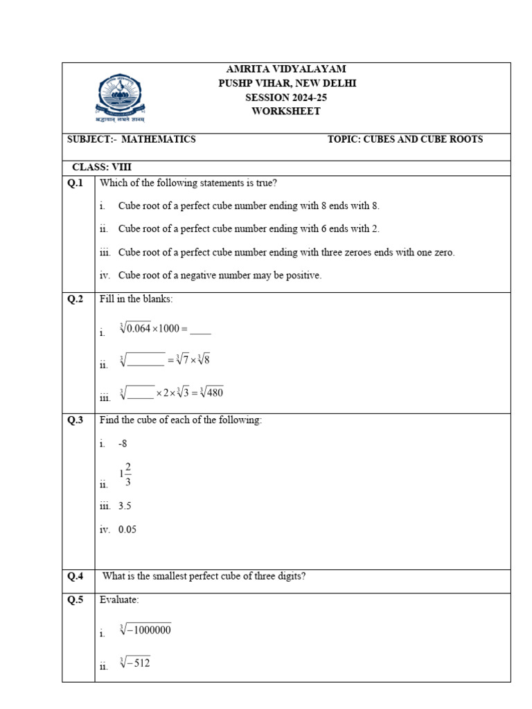 Class 8 Worksheet Ut-2 CUBE AND CUBE ROOTS | PDF | Numbers | Zero Of A Function