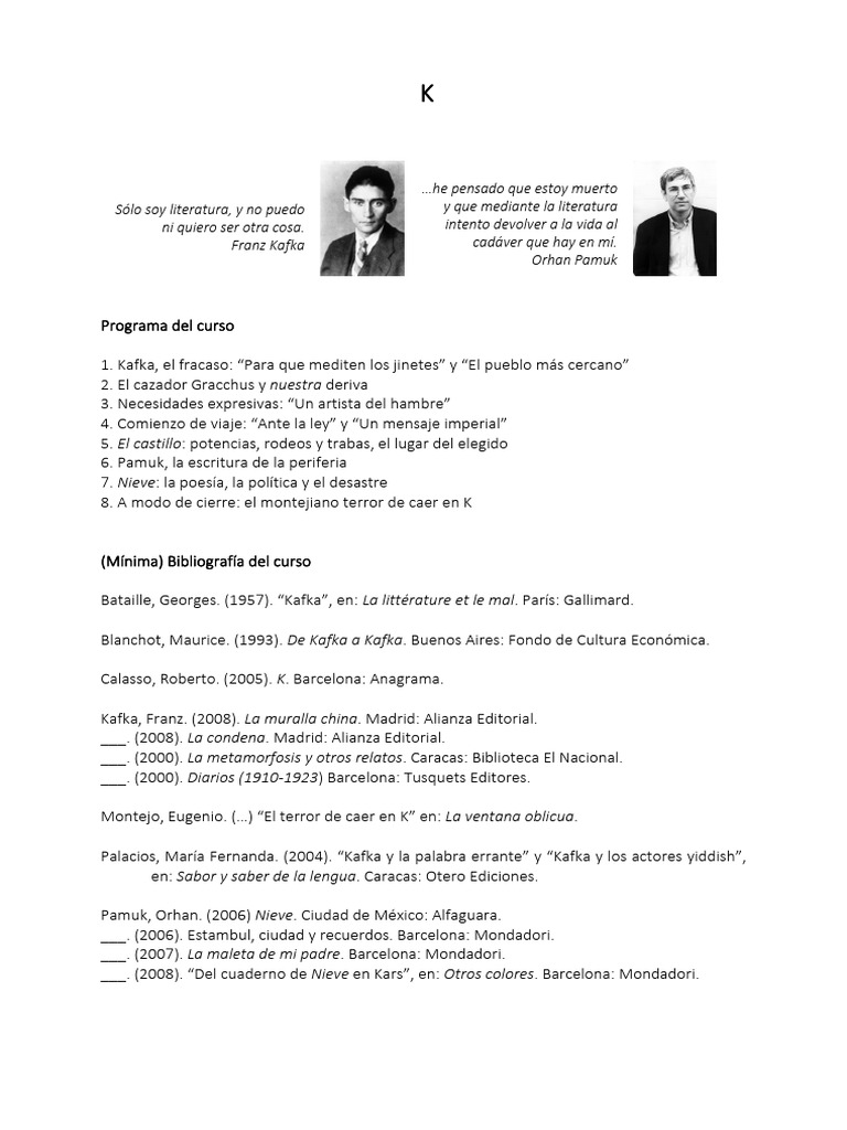 Curso: Kafka y Pamuk en la Literatura | PDF