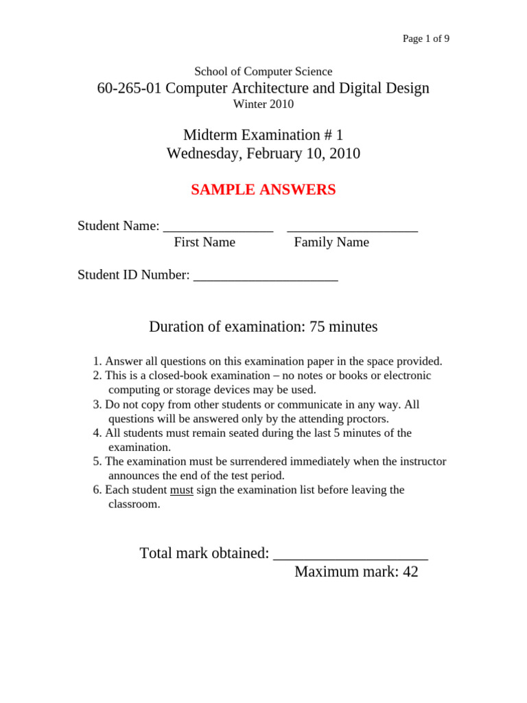 265 Midterm 01 Winter 2010 Answers | PDF | Integer (Computer Science) | Numbers