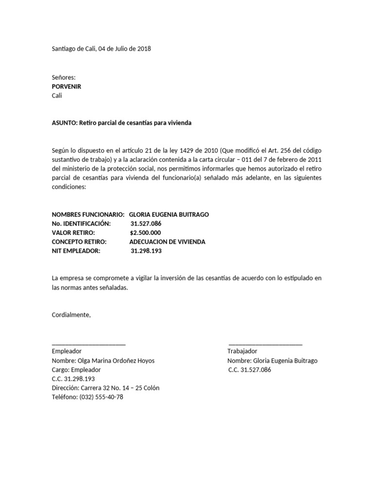 Carta Retiro de Cesantias | PDF