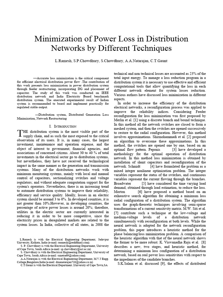 Minimization Of Power Loss In Distributi Pdf Electric Power