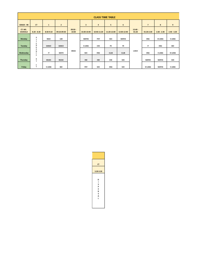 Class Time Table - Grade 9 To 12 | PDF