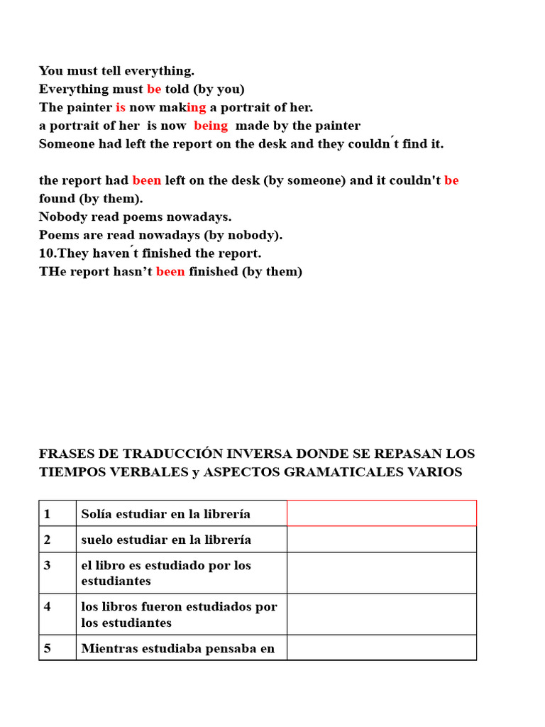 FRASES DE TRADUCCIÓN INVERSA DONDE SE REPASAN LOS TIEMPOS VERBALES y ...