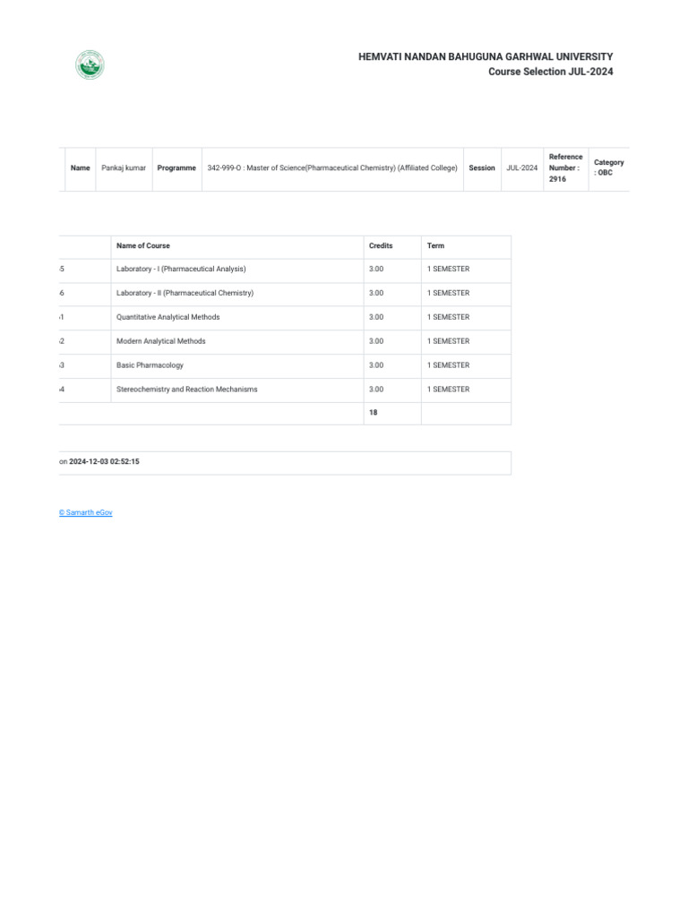 Hemvati Nandan Bahuguna Garhwal University Course Selection JUL-2024 | PDF