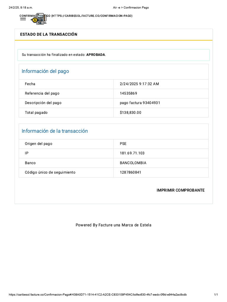 Confirmación de Pago Electricaribe | PDF
