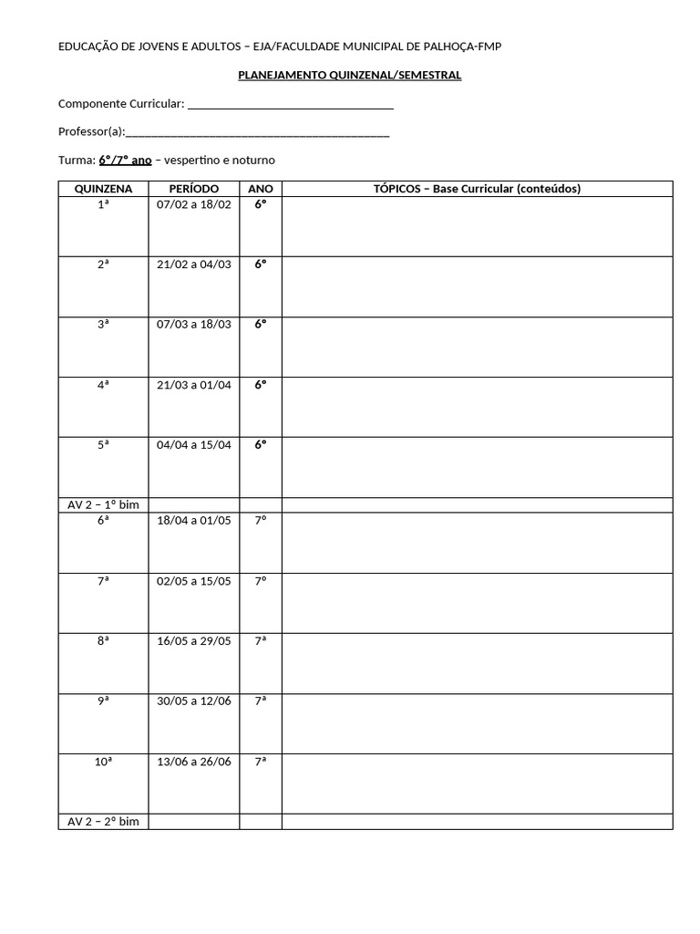 Planejamento Quinzenal - Semestral | PDF