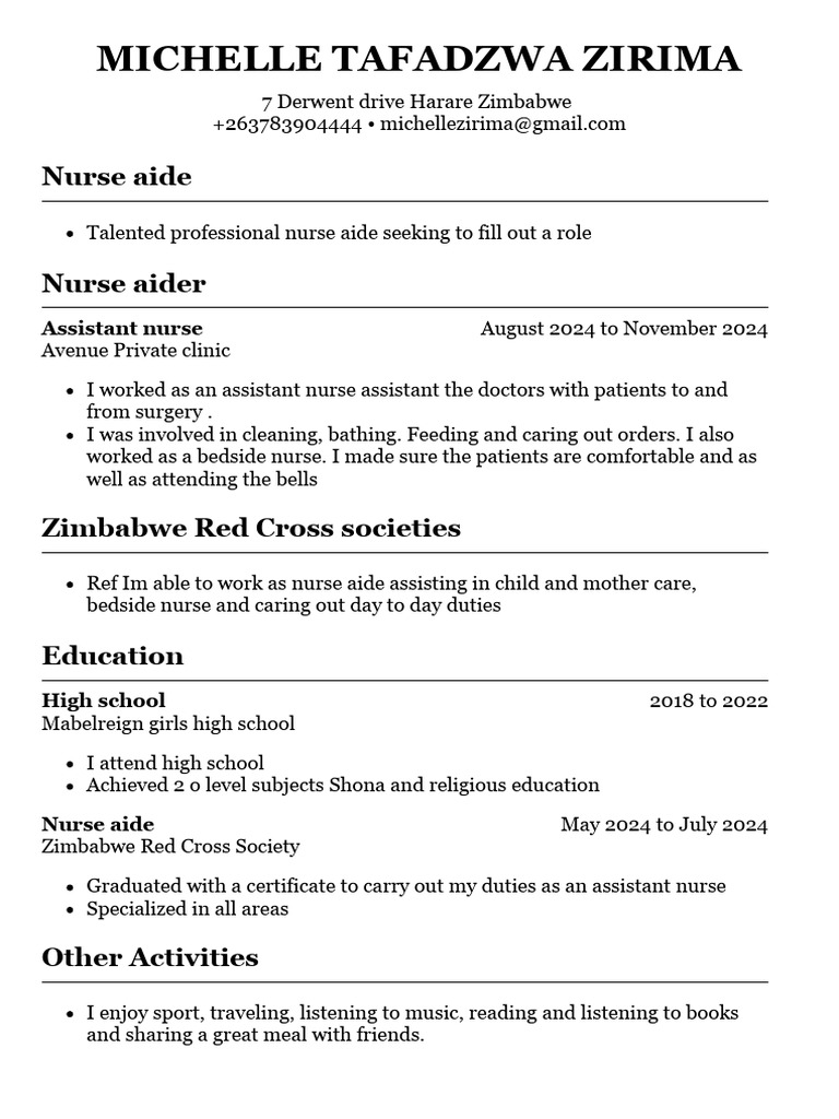 Nurse Aide Michelle Tafadzwa Zirima | PDF