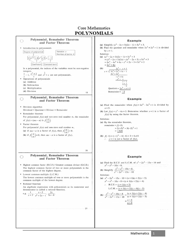HKDSE Core Mathematics: Polynomials Guide | PDF | Factorization | Polynomial