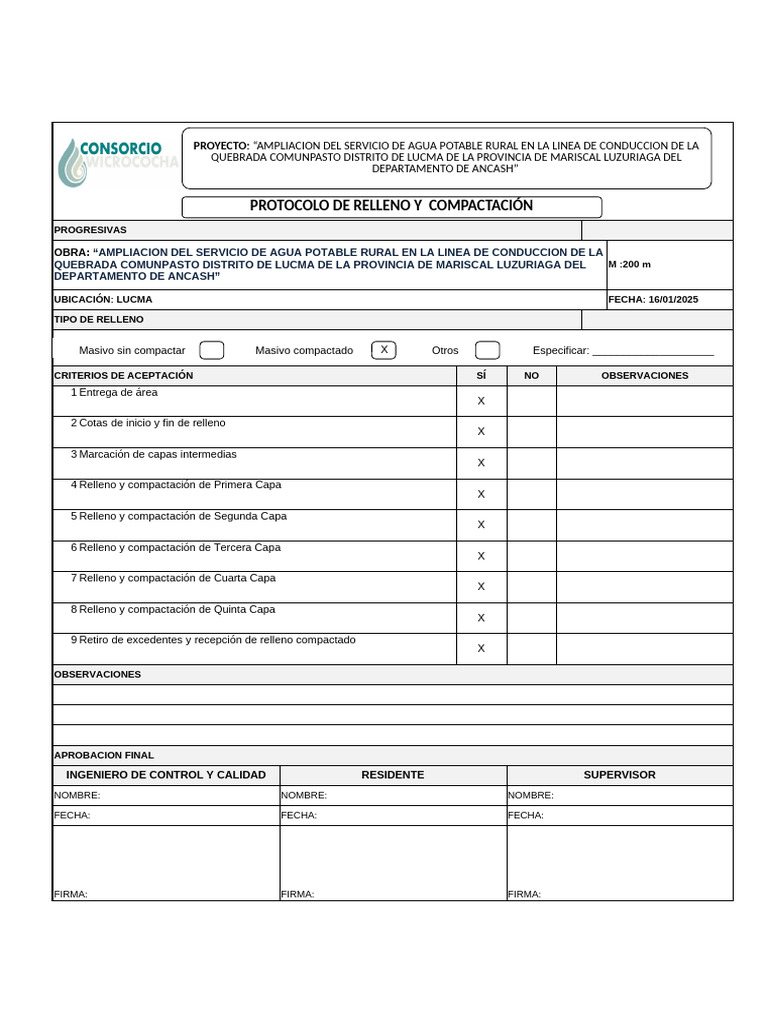 Protocolo de Relleno y Compactacion Linea de Conduccion | PDF | Agua | Agua dulce