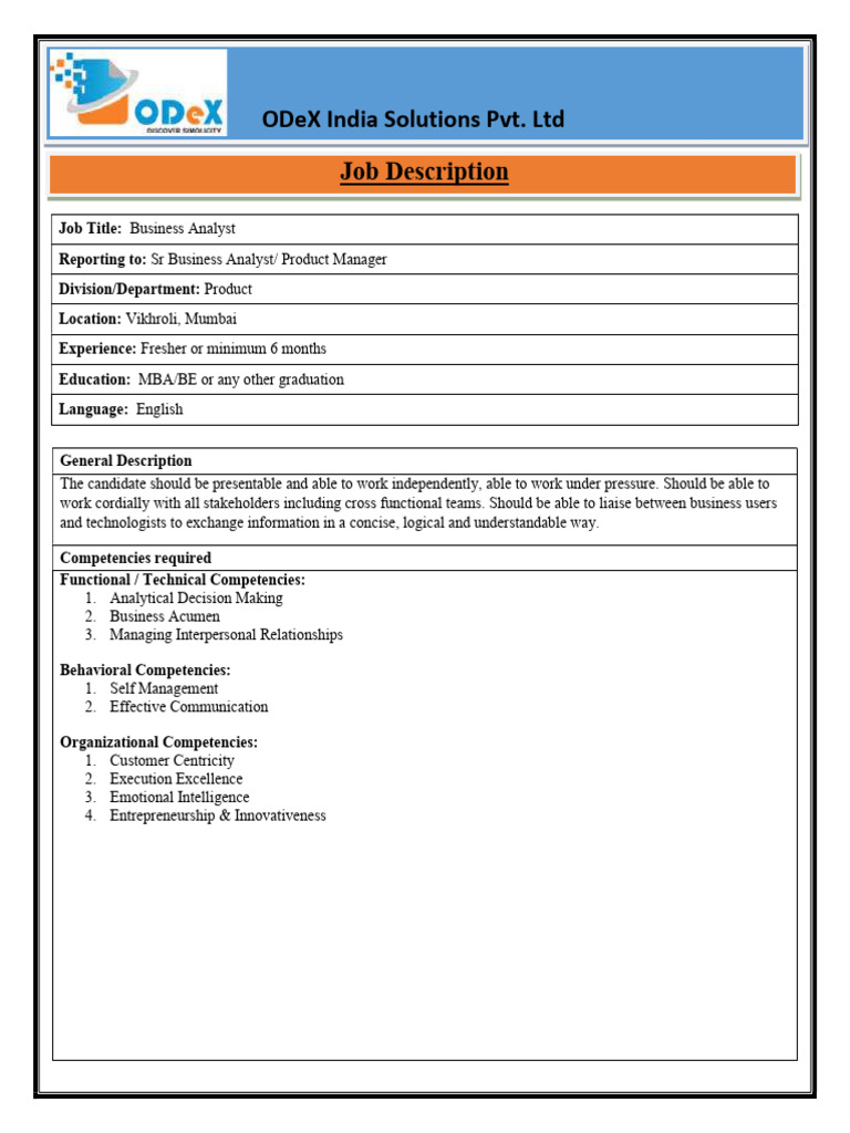 JD Business Analyst Freshers | PDF