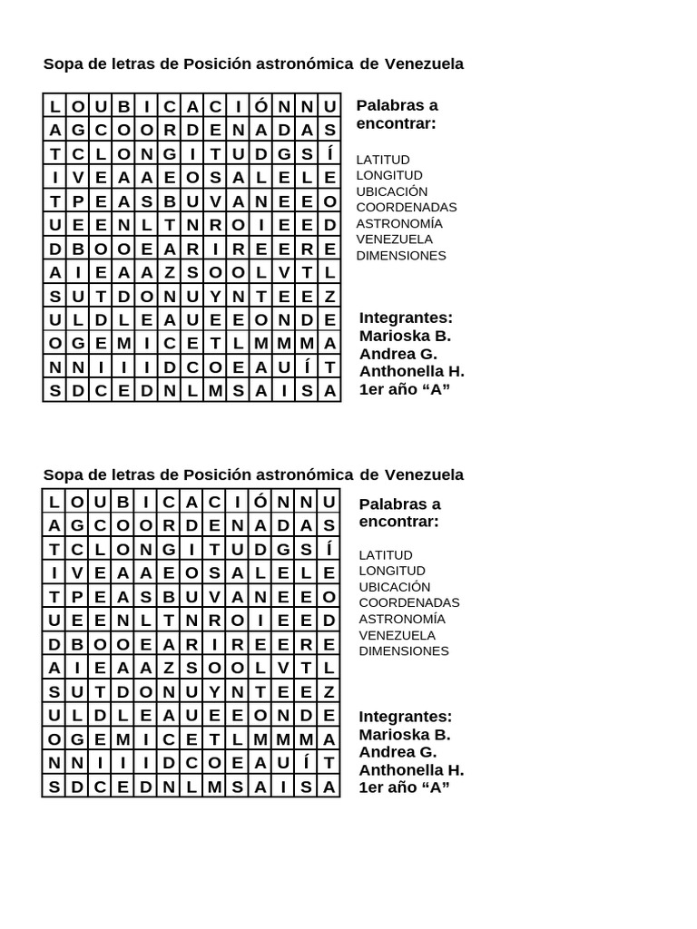 Sopa de Letras de Posición Astronómica de Venezuela | PDF
