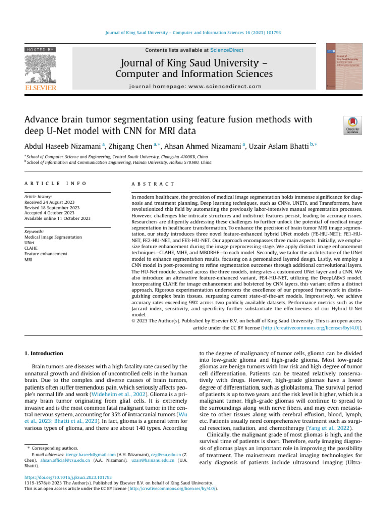Advance Brain Tumor Segmentation Using Feature Fusion Methods With Deep U Net Model With Cnn For