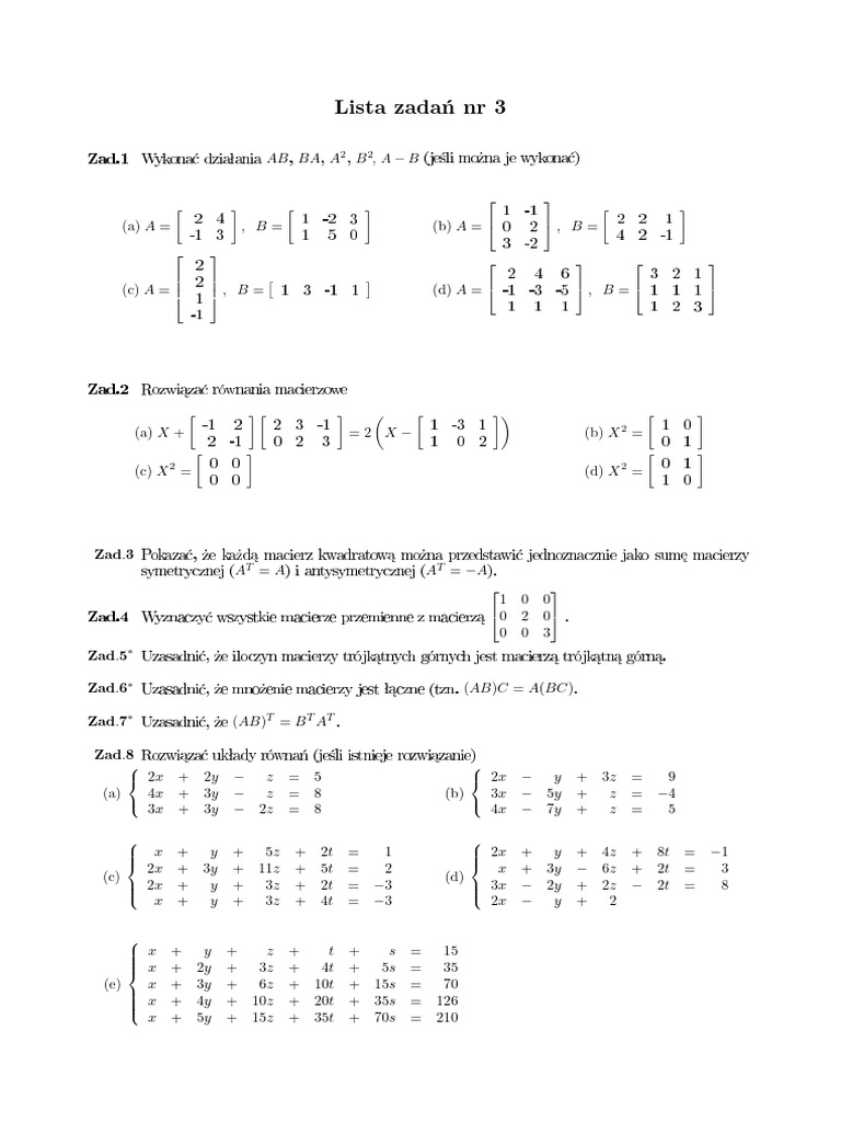 Algebra Lista 3 Macierze | PDF