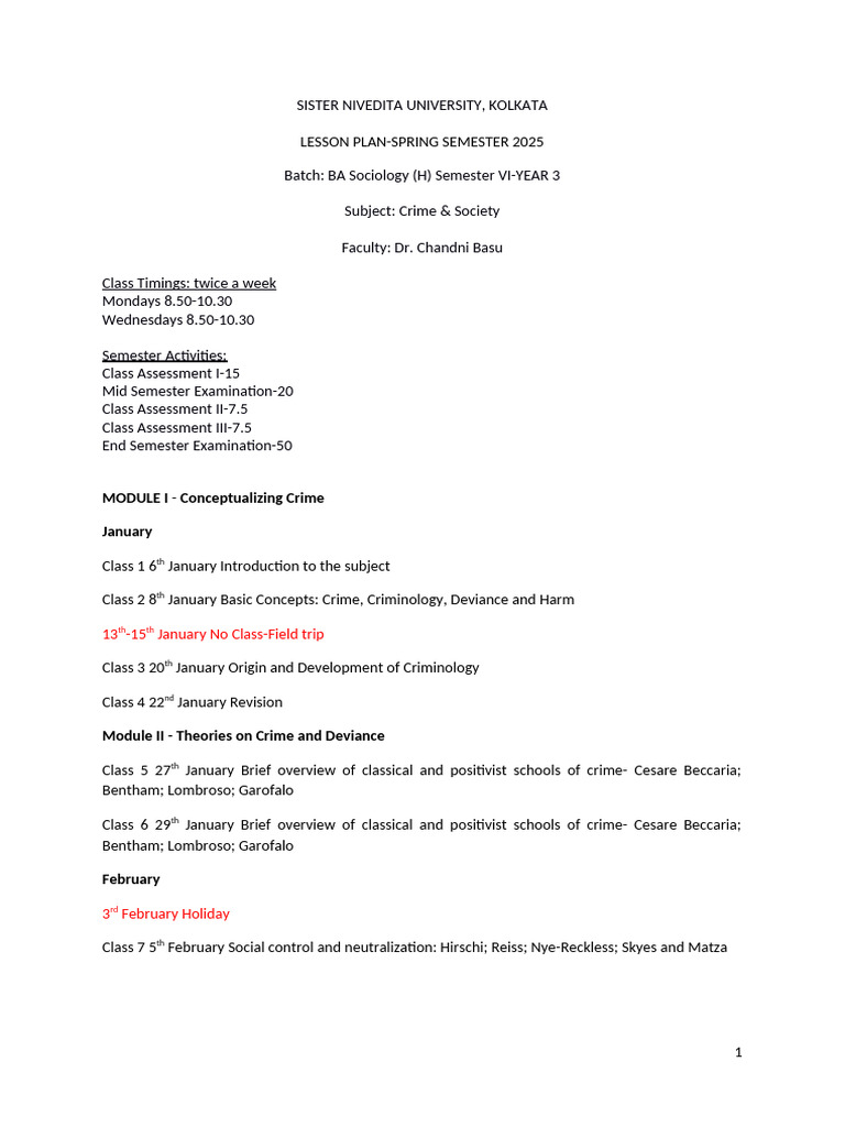 Lesson Plan Spring Sem 2025 | PDF | Deviance (Sociology) | Criminology
