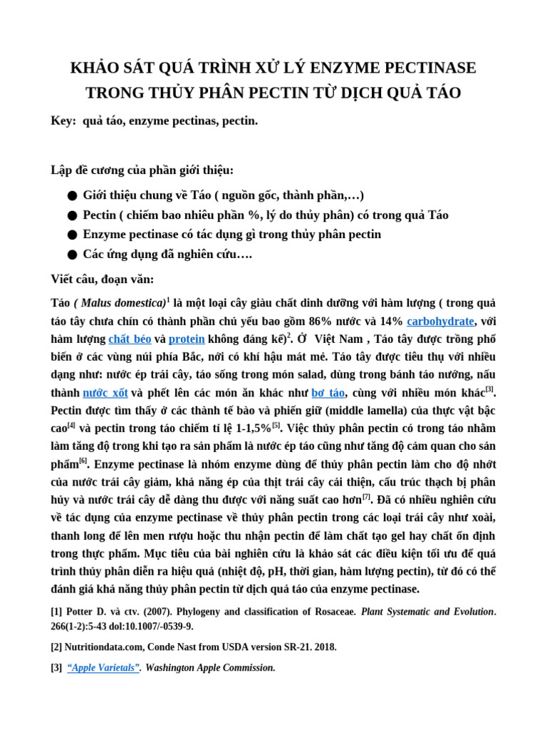 KHẢO SÁT QUÁ TRÌNH XỬ LÝ ENZYME PECTINASE TRONG THỦY PHÂN PECTIN TỪ DỊCH QUẢ TÁO | PDF