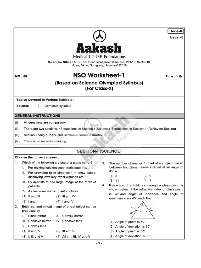 NSO Worksheet-1 (L-II) - Class 10-QP | PDF