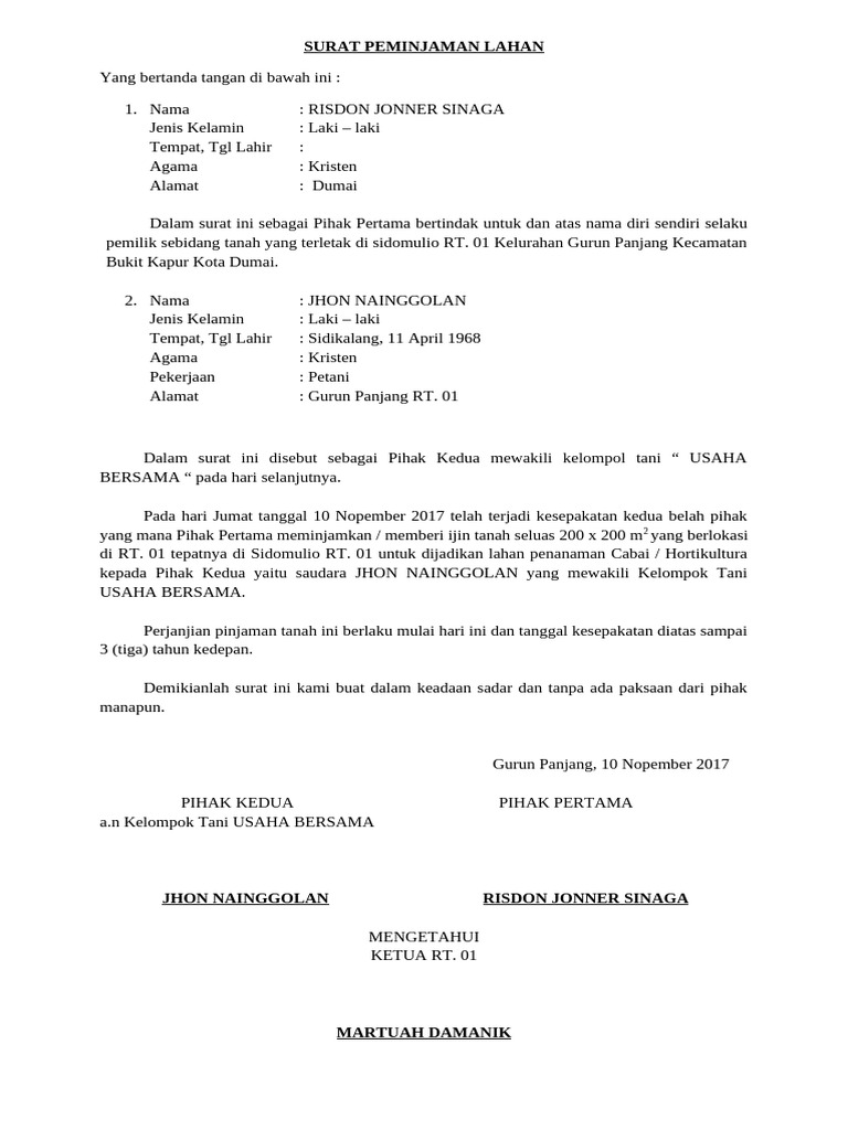 Surat Peminjaman Lahan | PDF