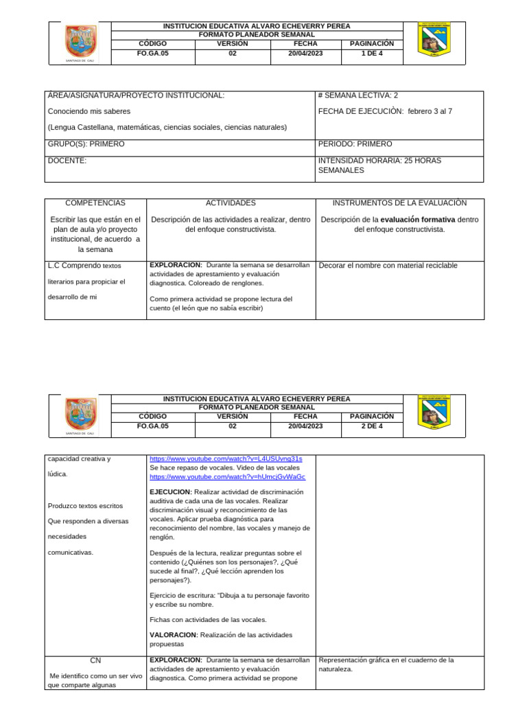 Planeador Semanal Educativo 1° Grado | PDF