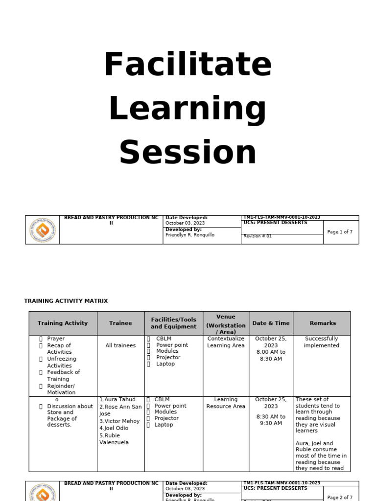 TM1-FLS Training Activity Matrix Template | PDF | Baking | Sheet Pan