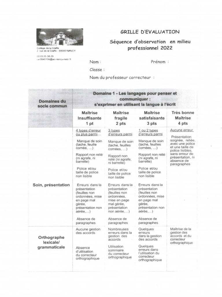 Grille D'évaluation Stage | PDF
