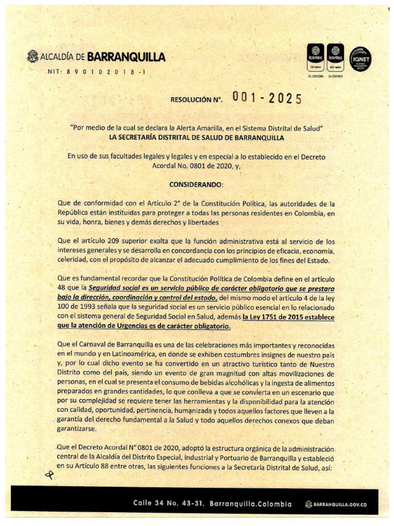 Resolucion 001-2025 - Pre y Carnavales | PDF