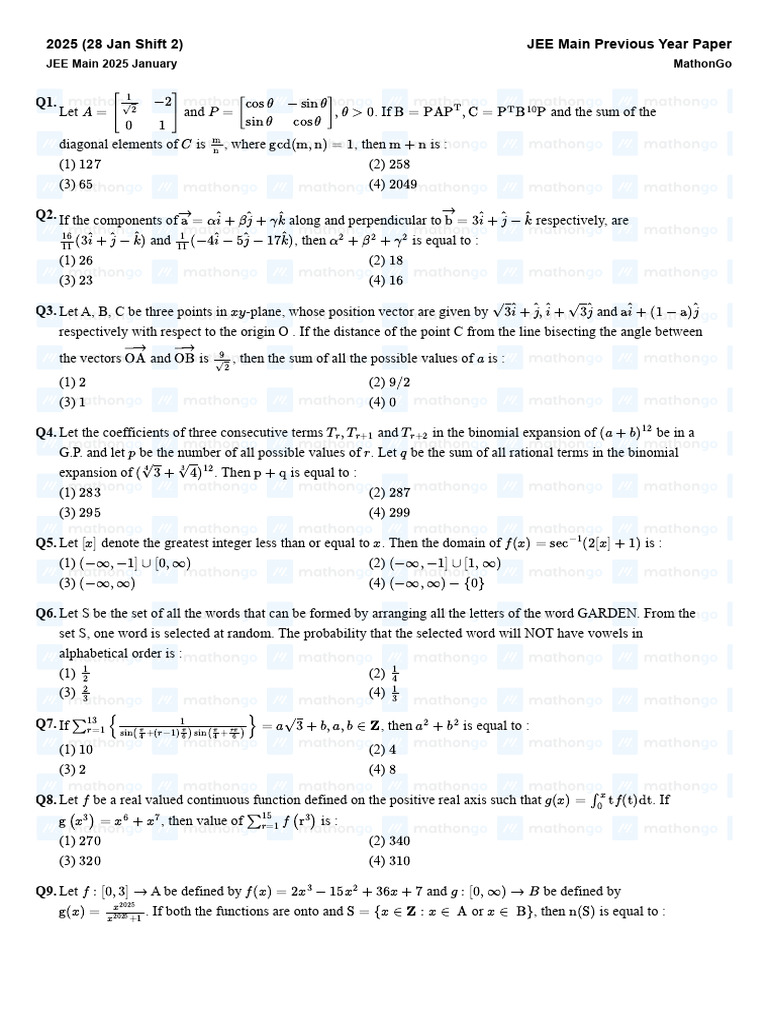JEE Main 2025 (28 Jan Shift 2) Previous Year Paper With Answer Keys - MathonGo | PDF | Capacitor ...