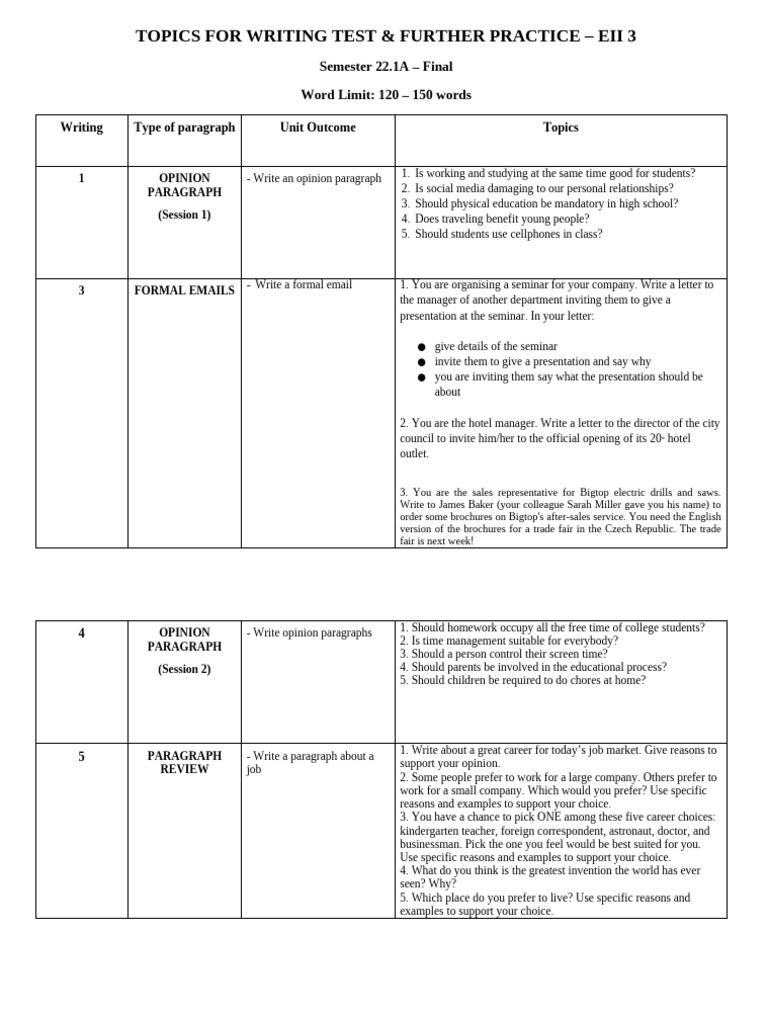 Writing Test Topics for EII 3 | PDF