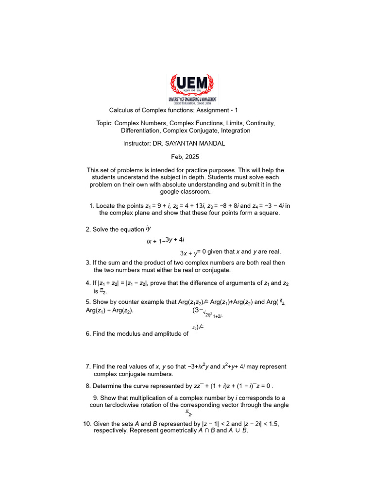 UEM Assignment Math 4 ECE | PDF | Complex Number | Mathematics