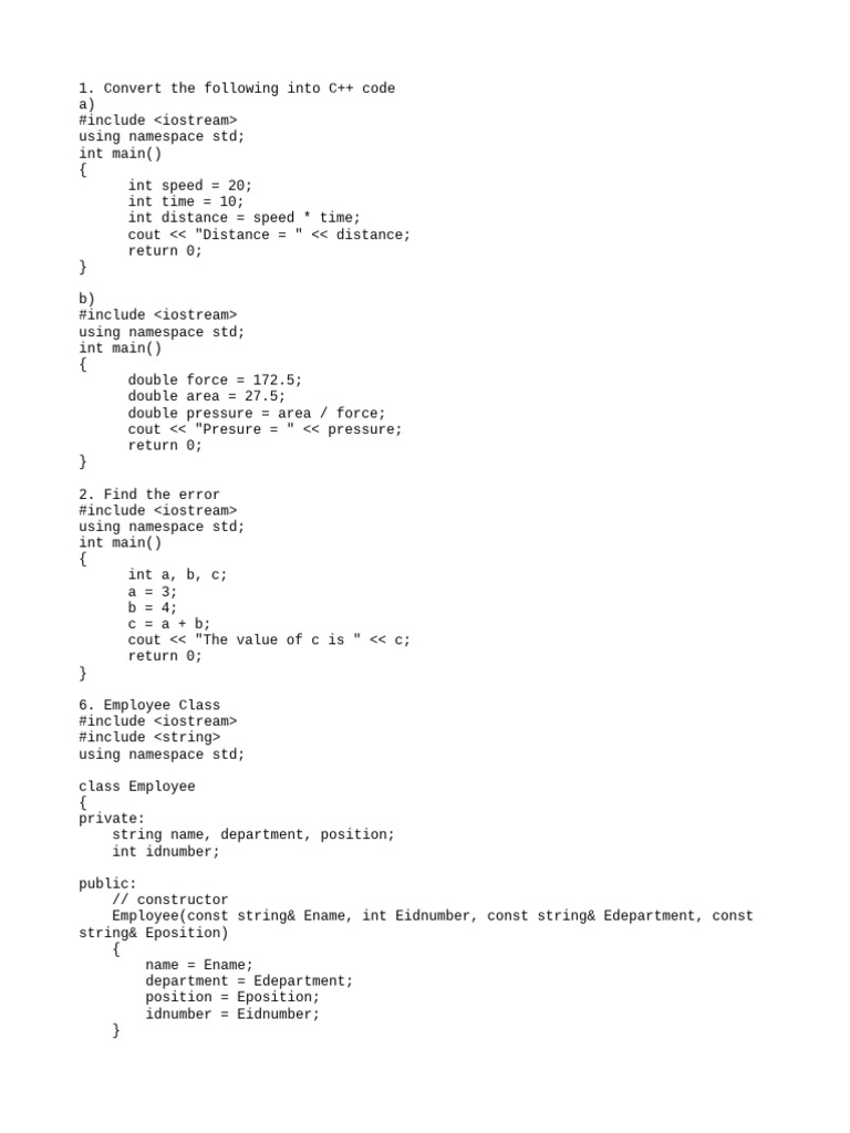 C++ Code Examples and Employee Class | PDF | Namespace | Computer ...